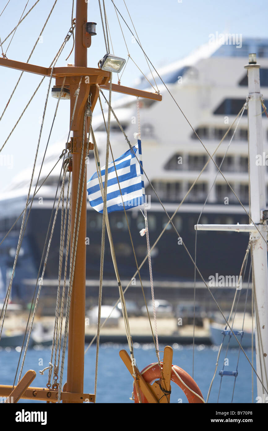 Mast with Greek Flag in Harbour of Mykonos Island, Greece Stock Photo ...