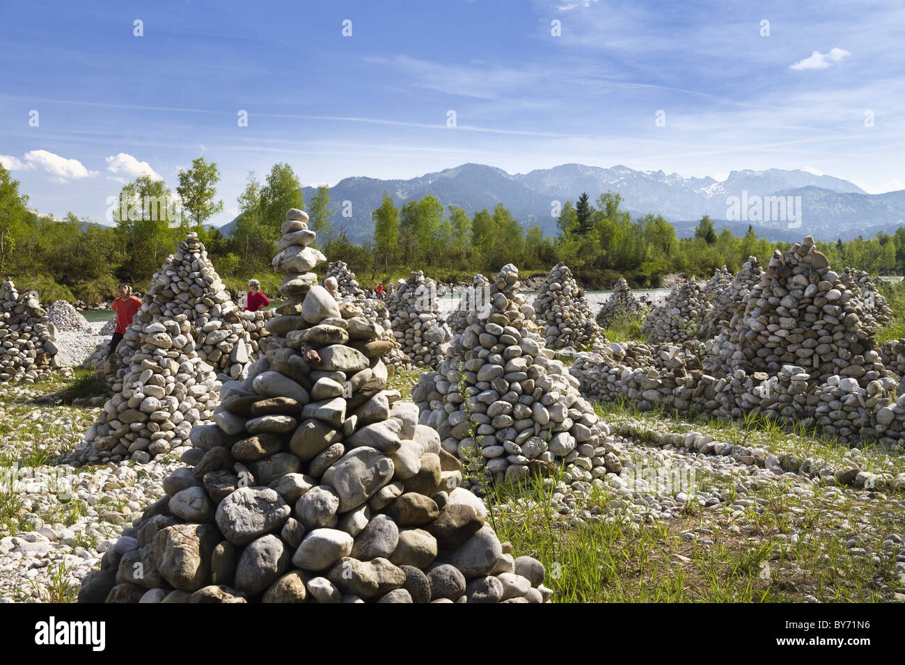 Stone pyramids (Little Cairo) near river Isar, Bad Toelz, Upper Bavaria ...