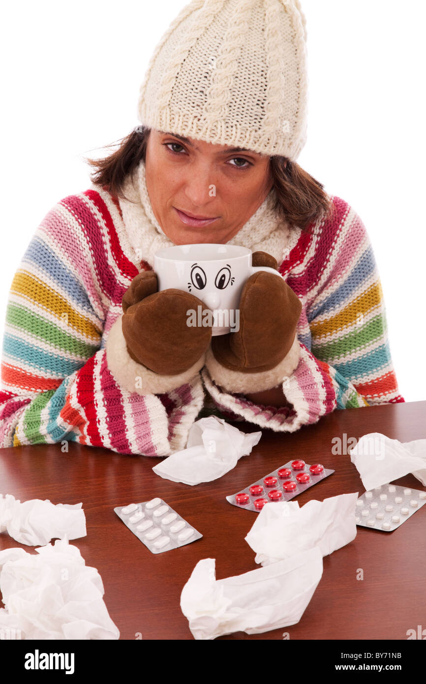 sad woman with flu symptom (isolated on white Stock Photo - Alamy