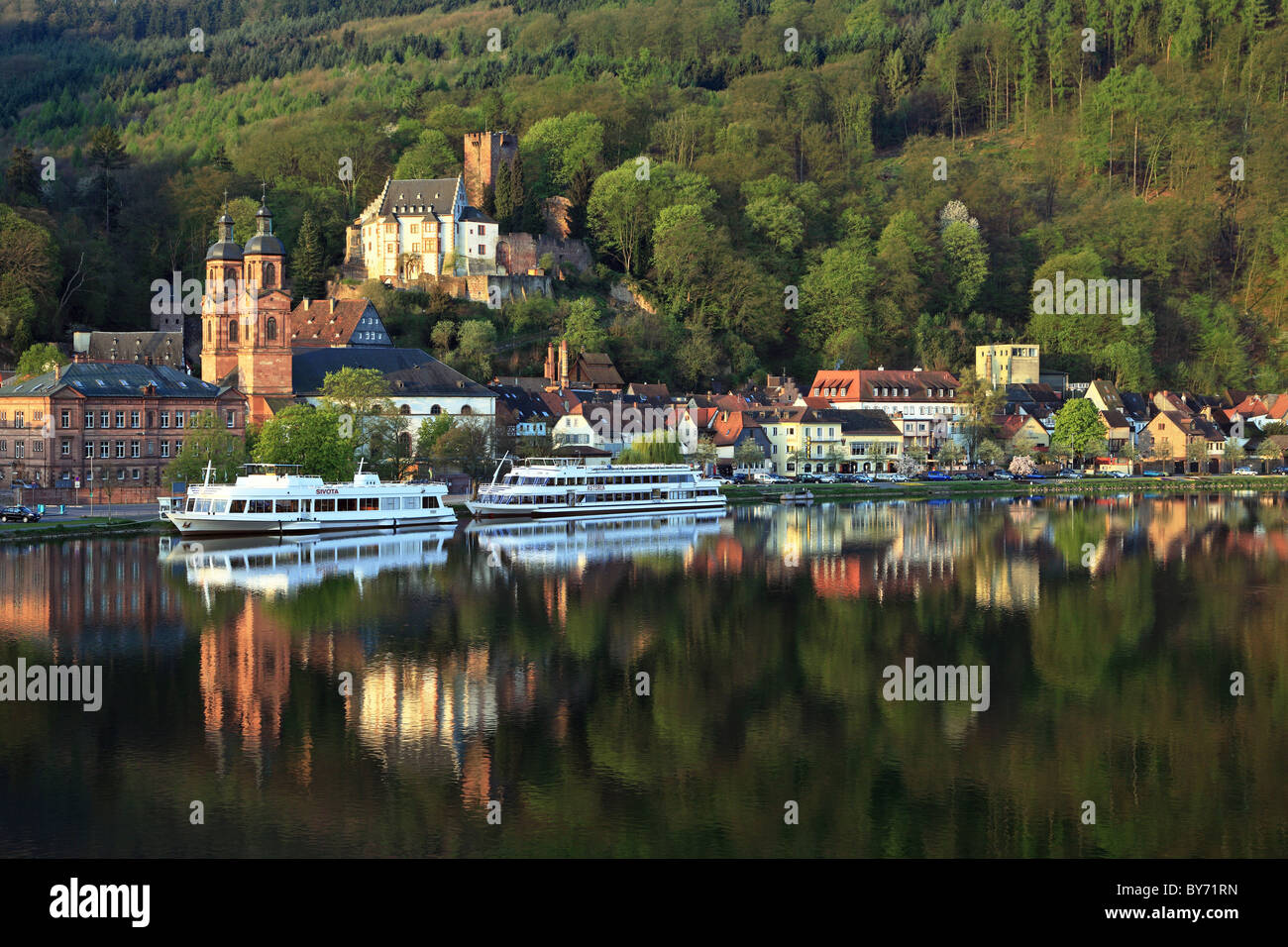 View over Main river to Miltenberg with church and Mildenburg castle ...