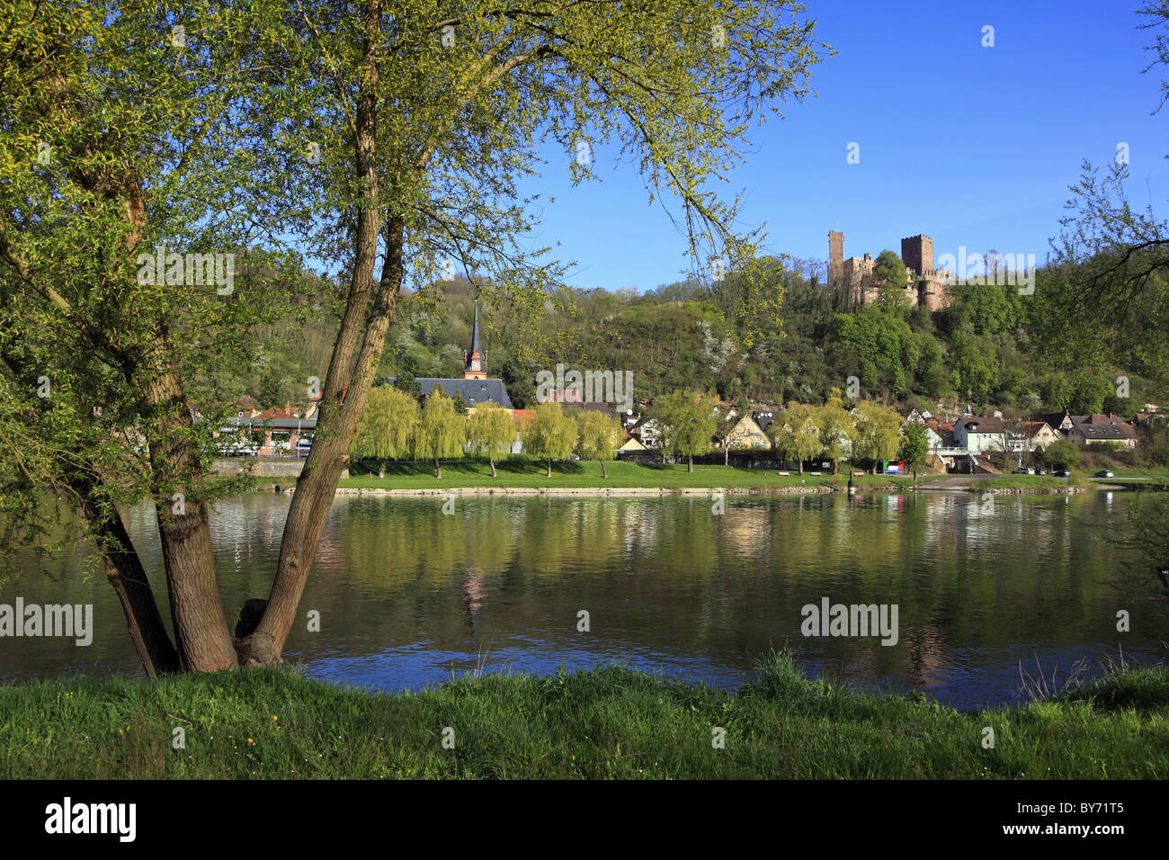 View over Main river to Henneburg castle, Stadtprozelten, Main river ...