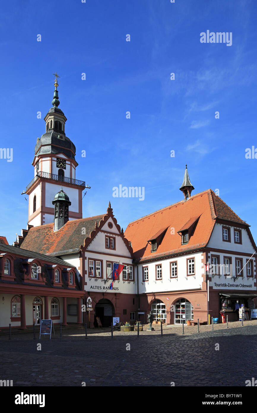 Old town hall and church, Erbach, Odenwald, Hesse, Germany Stock Photo ...