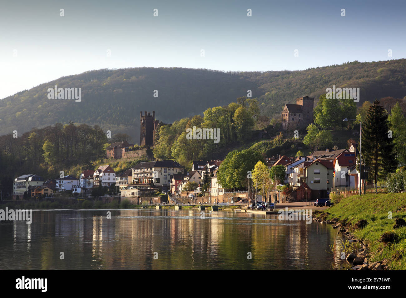 View over Neckar river to Mittelburg castle and Vorderburg castle ...