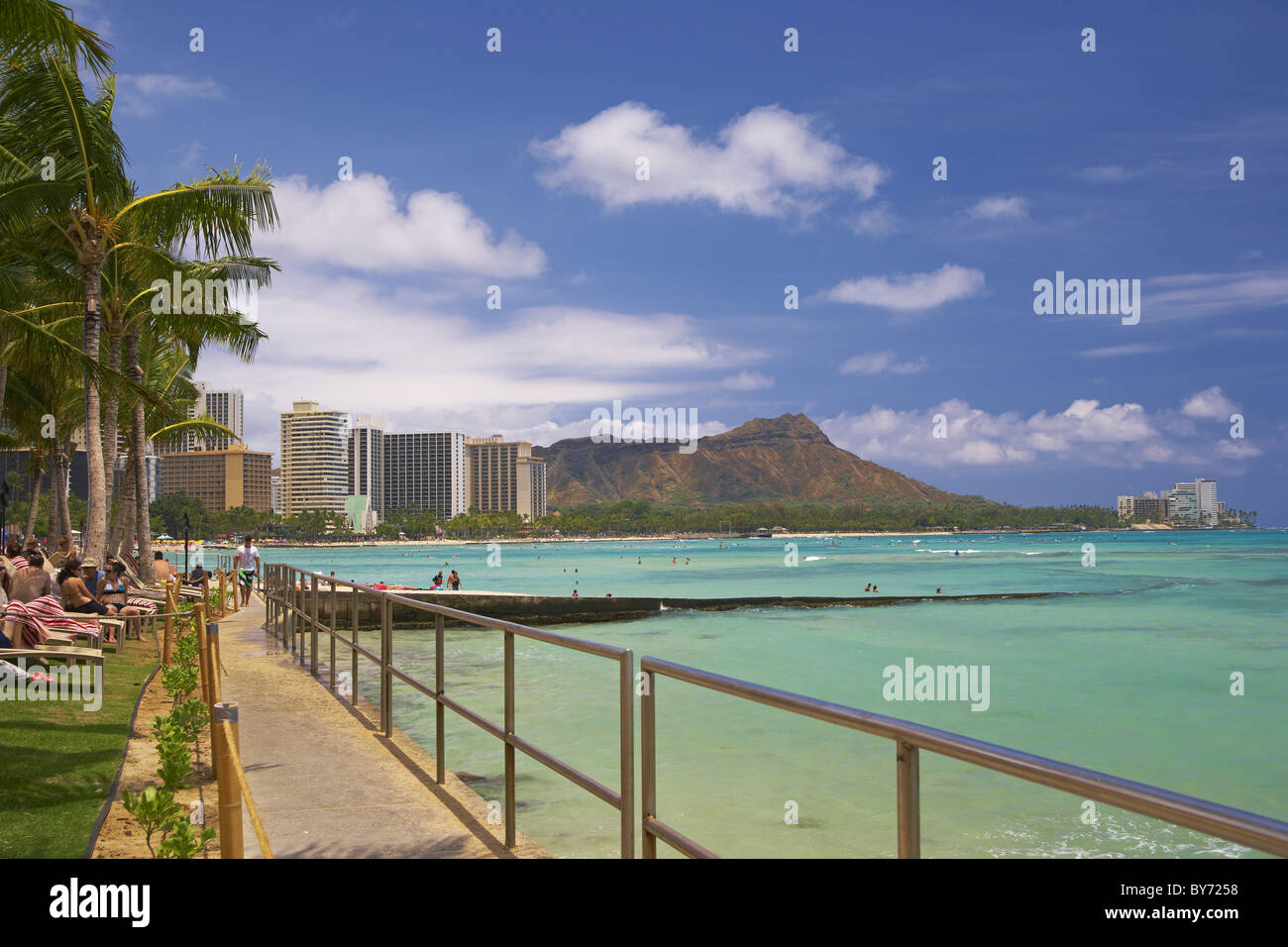 Seaside promenade and view at hotels and coast area, Diamond Head ...