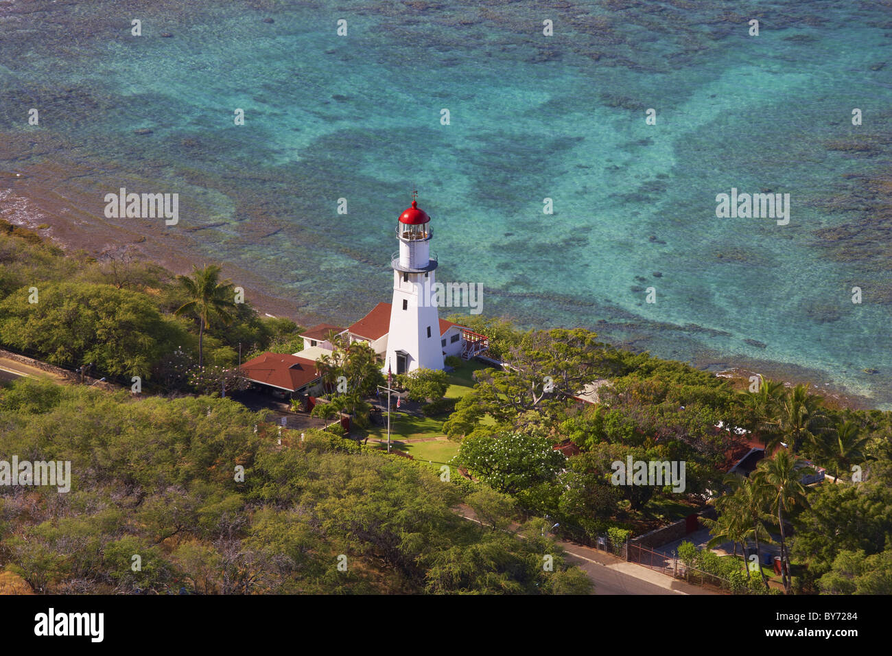 High angle view at lighthouse on the waterfront, Oahu, Hawaii, USA ...