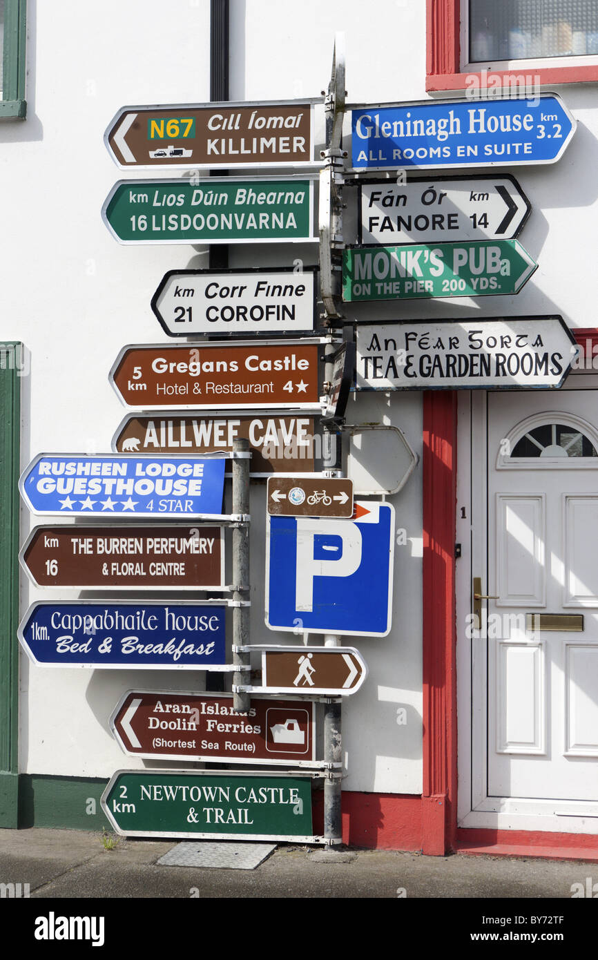 Signposts in the centre of the Ballyvaughan, Ballyvaughan, Galway Bay ...
