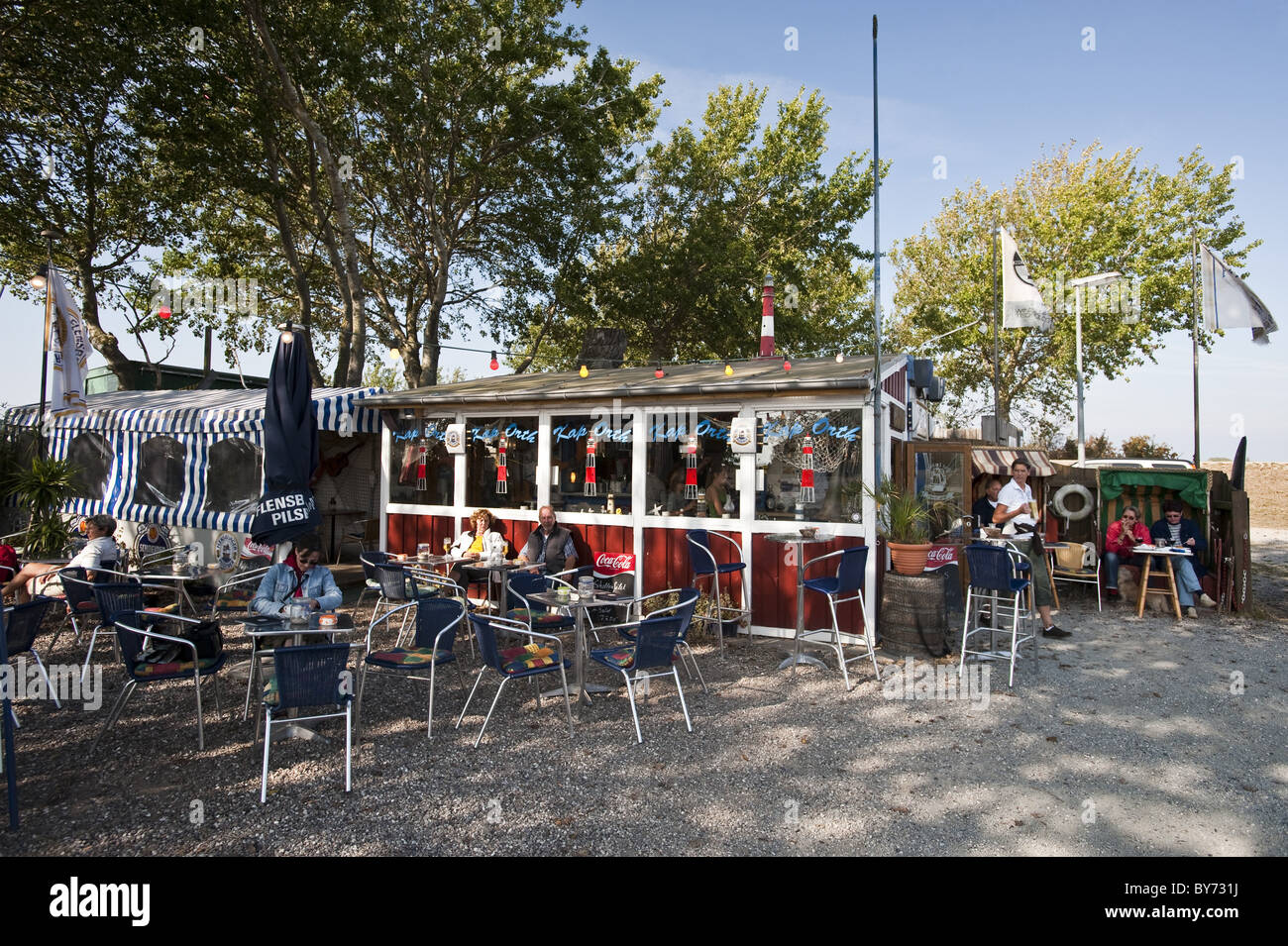 Cafe bar at Orth harbour, Fehmarn, Schleswig-Holstein, Germany Stock ...