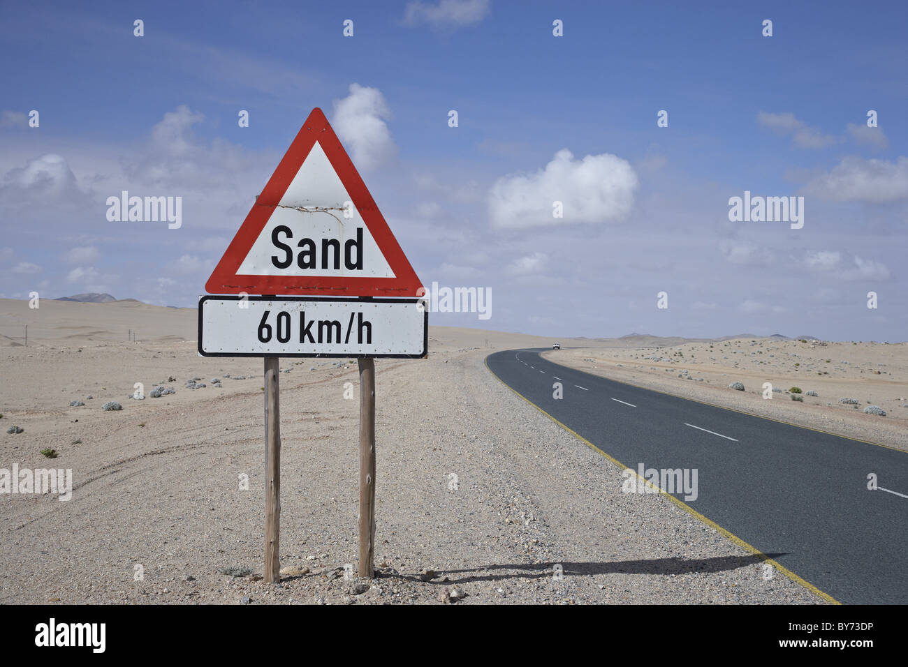 Warning sign on the roadside in the desert, Namibia, Africa Stock Photo ...