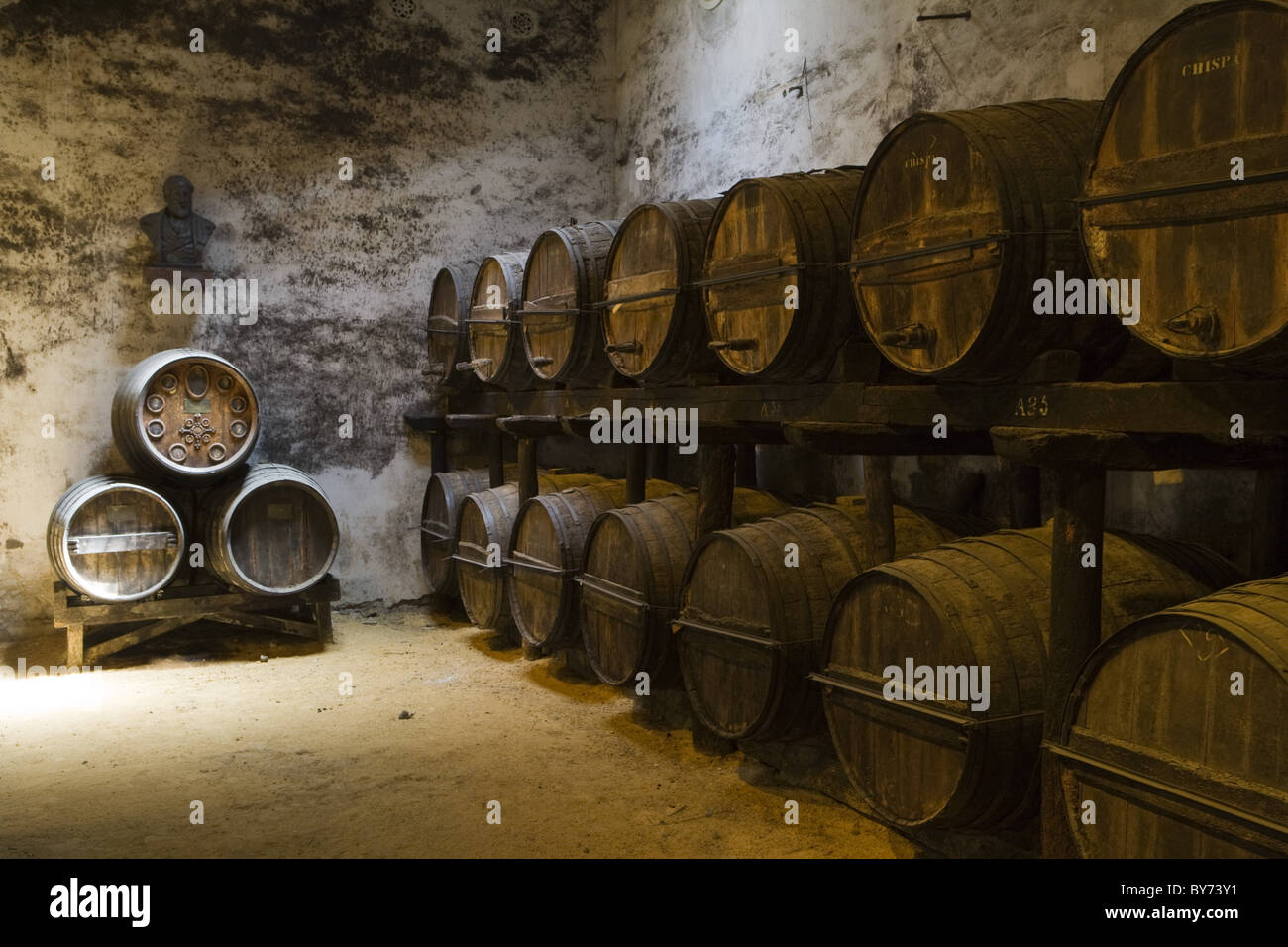 Sherry casks in cellar of Bodega Tio Pepe Gonzales Byass winery, Jerez ...