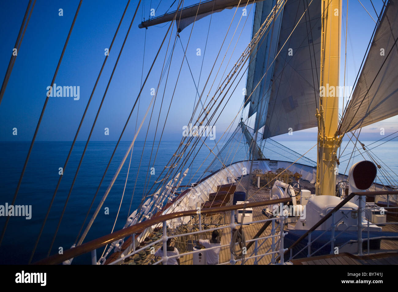 Bow of sailing cruiseship Royal Clipper at dusk, Mediterranean Sea ...