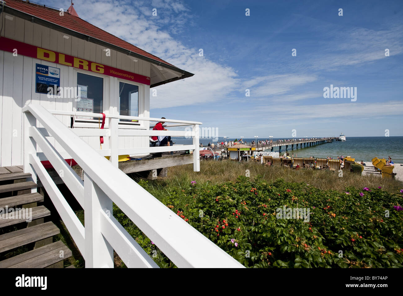 DLRG, German Lifeguard Association hut on the beach, Binz, Island of ...
