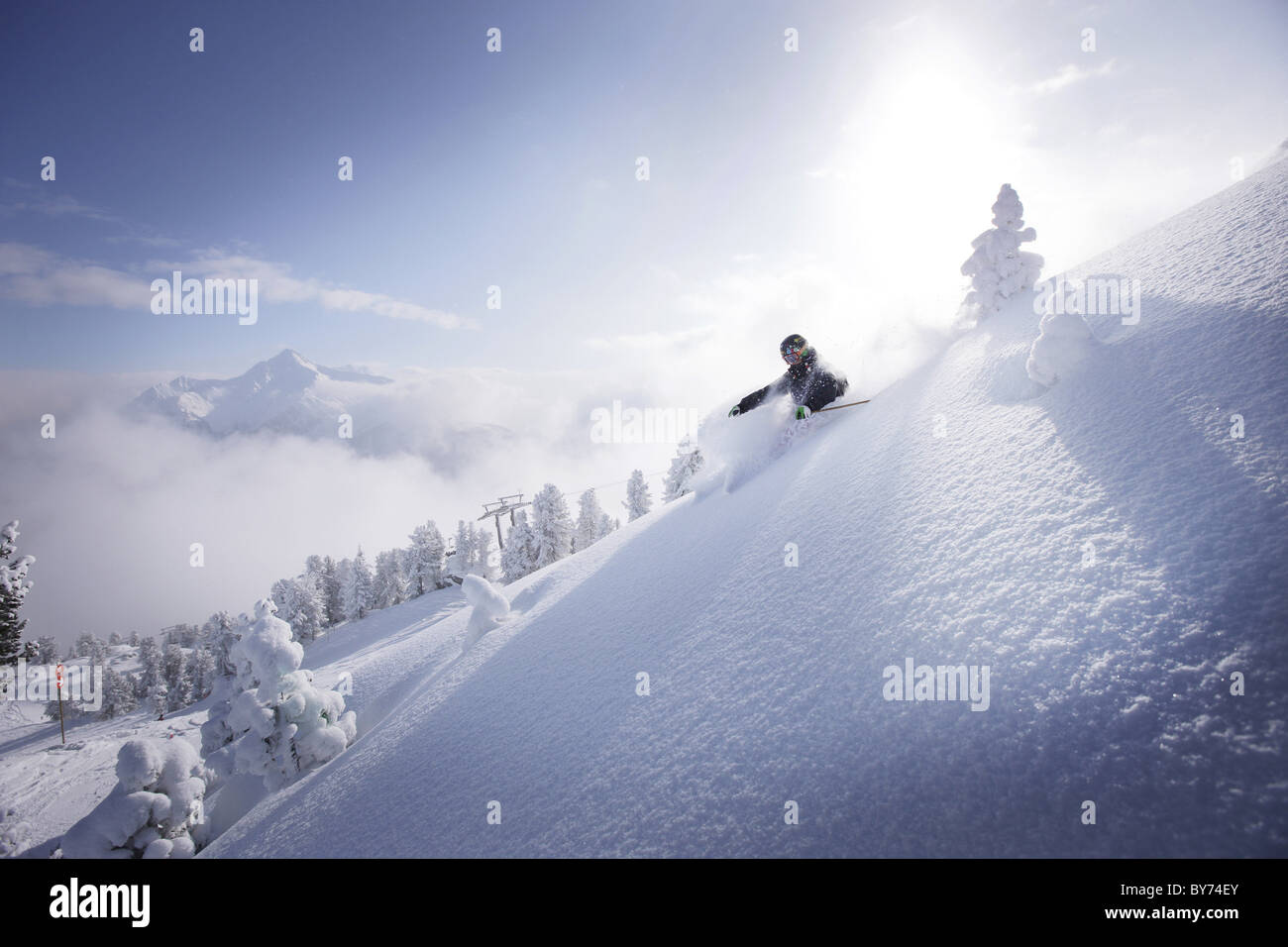 Male free skier in deep snow, Mayrhofen, Ziller river valley, Tyrol ...