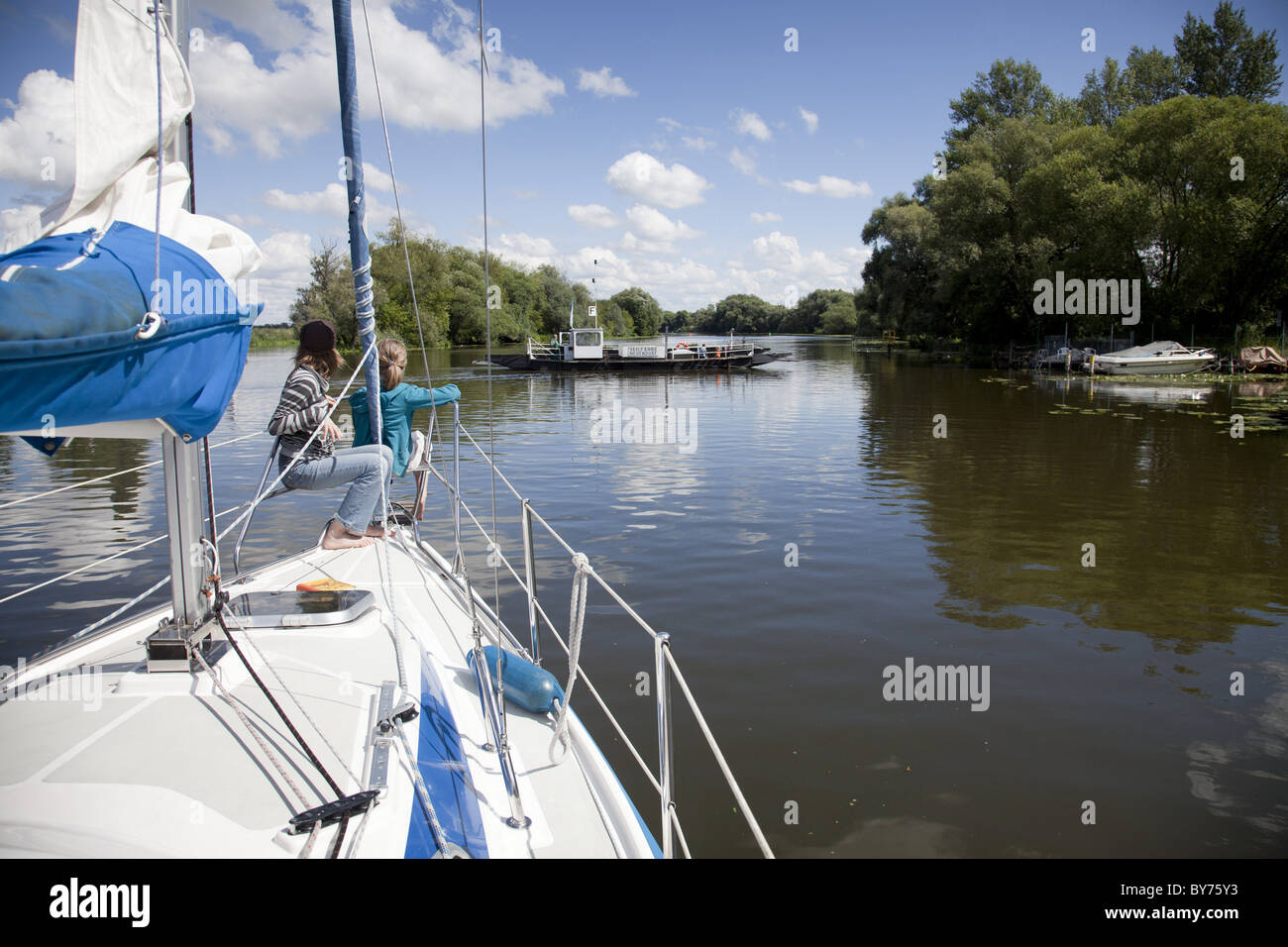 Girls on a sailing boat, Brandenburg an der Havel, Brandenburg, Germany ...