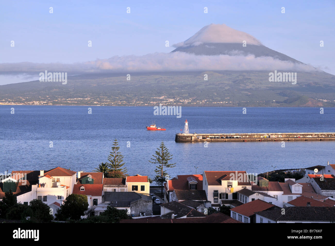 View at the town of Horta and neighbouring island Pico at dusk, Island ...
