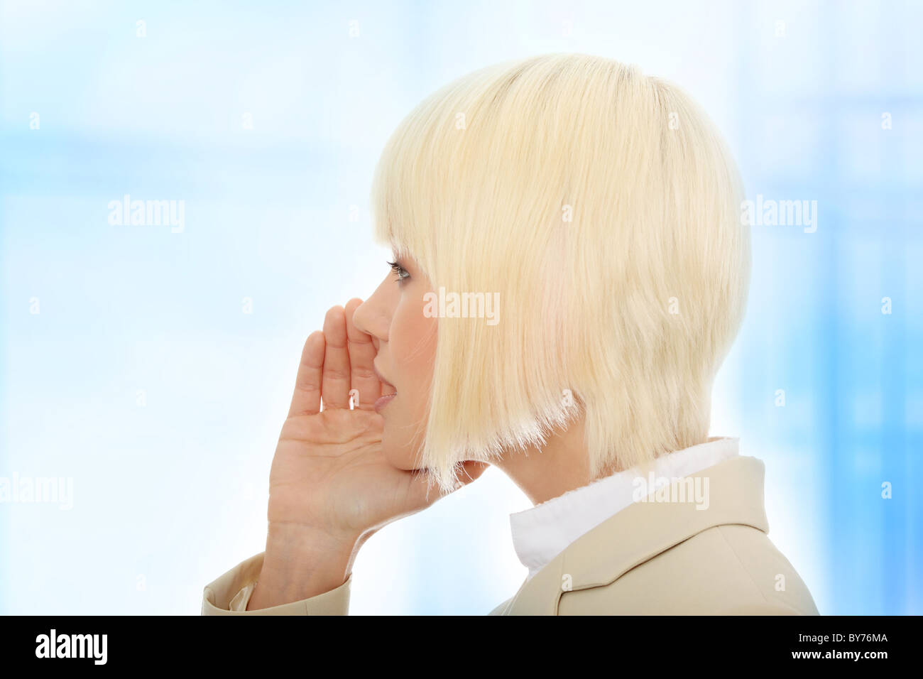 Young businesswoman talking gossip,Over abstract blue background Stock ...