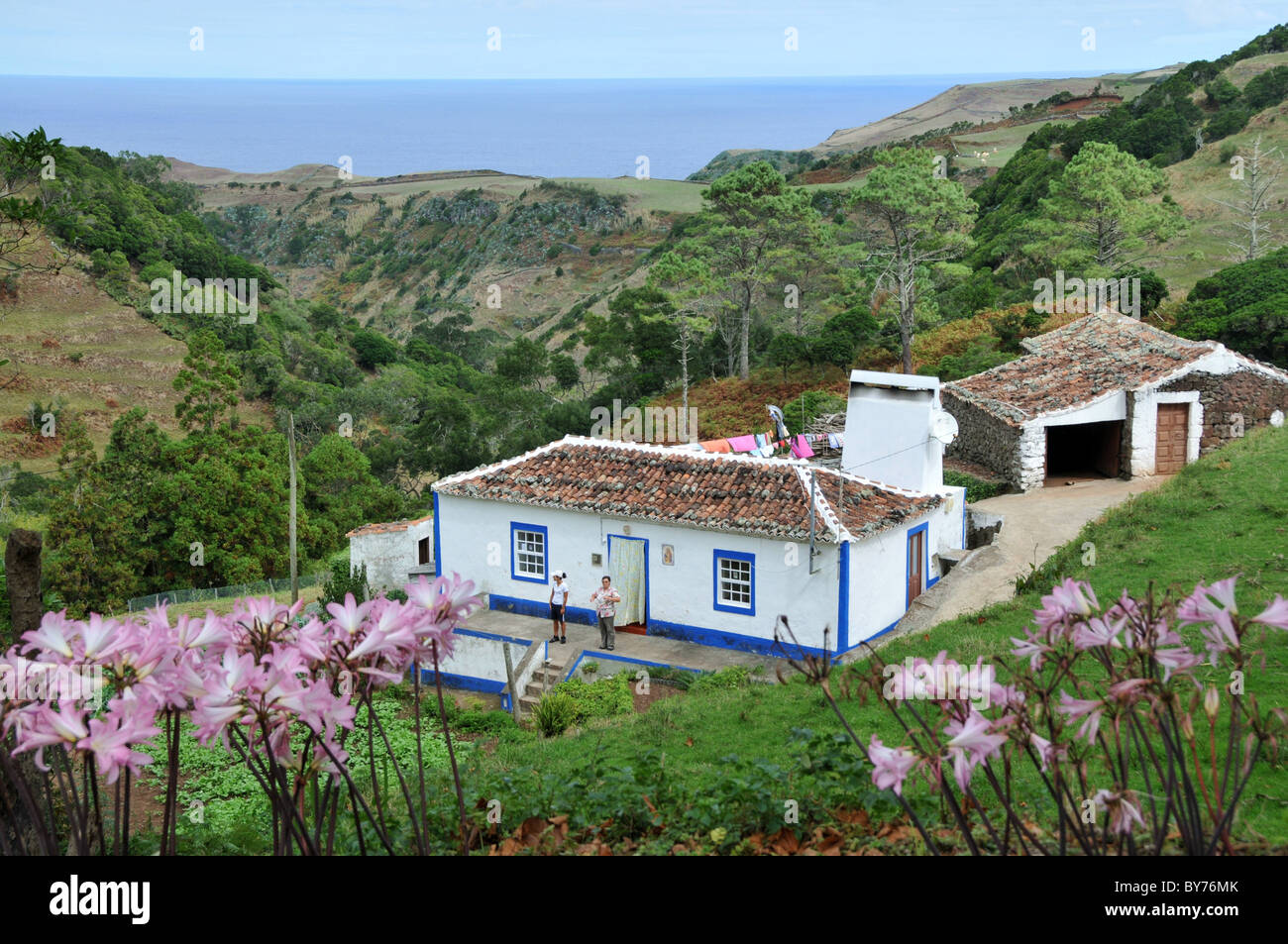 House in remote landscape at the north coast, Island of Santa Maria ...