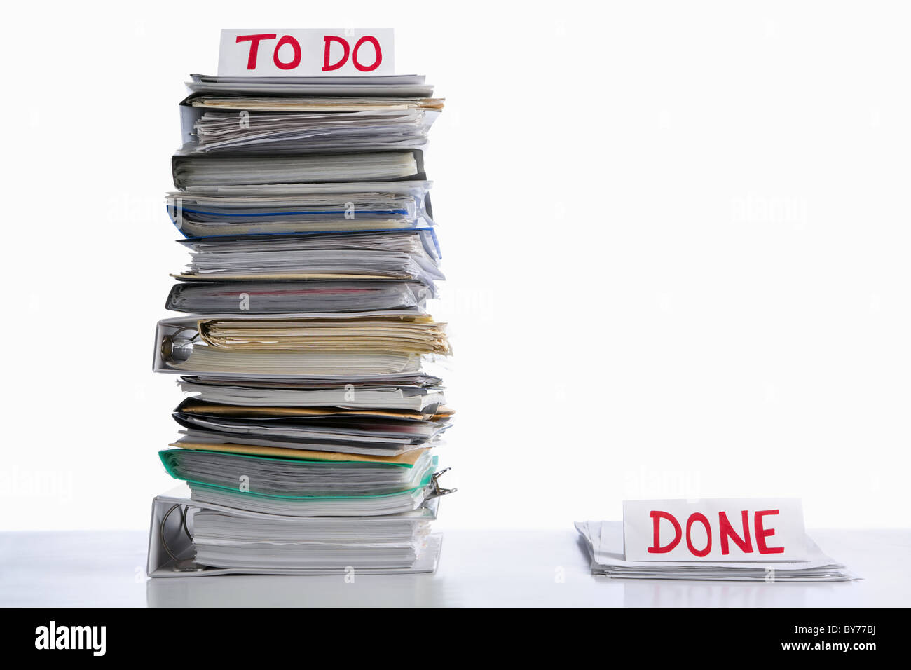 To do and done paperwork in unbalance proportion, against white ...