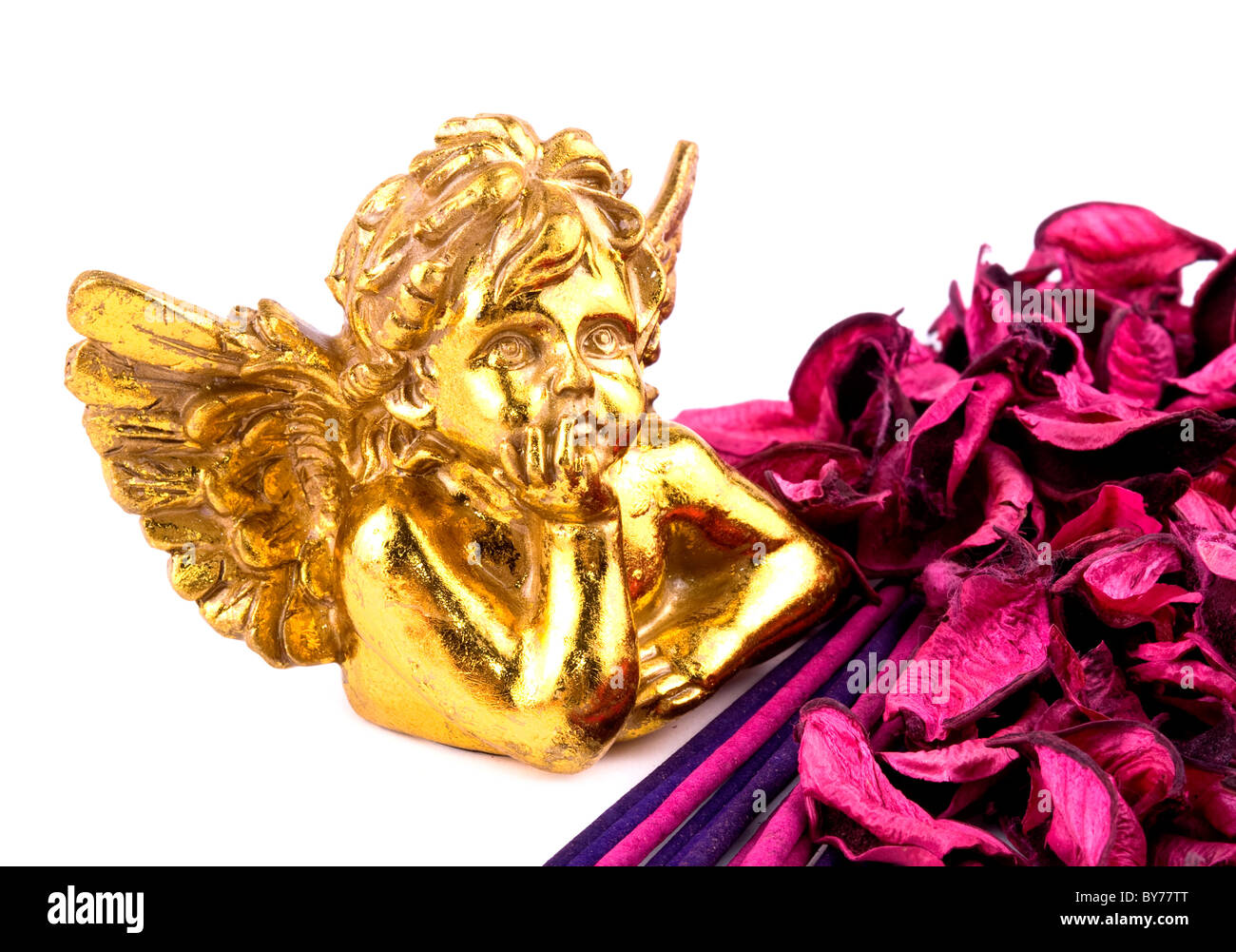 Romantic golden cupid with pink potpourri,incenses and christmas cactus ...