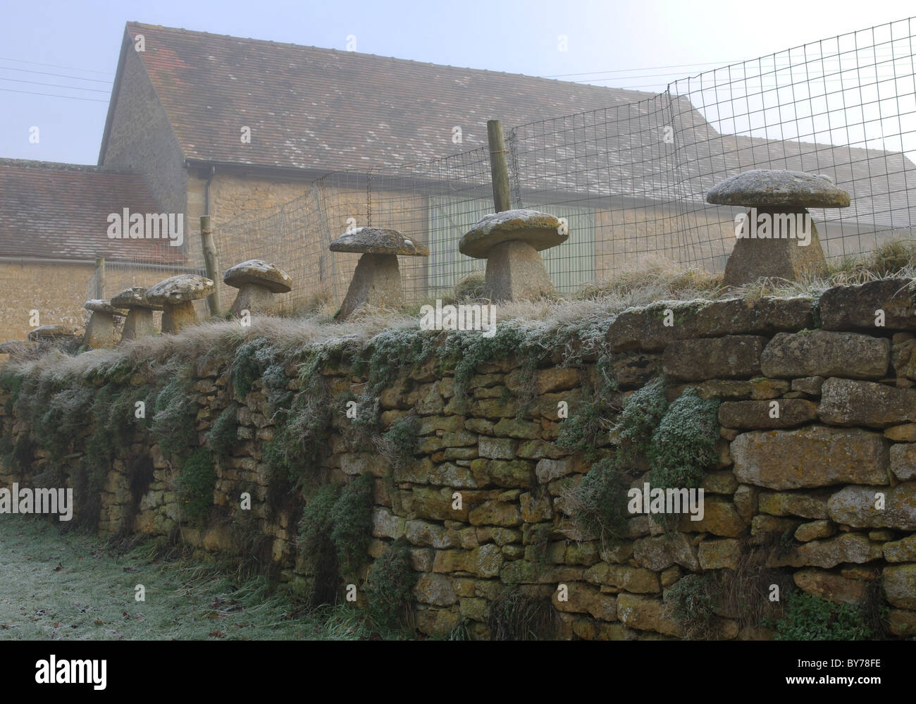Staddle stones in Hidcote Boyce village in winter, Gloucestershire ...