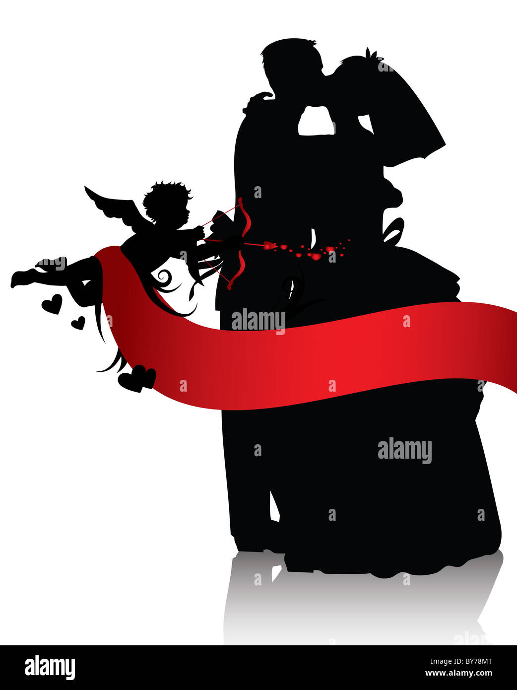 Silhouettes of wedding couple and cupid with red banner isolated on ...