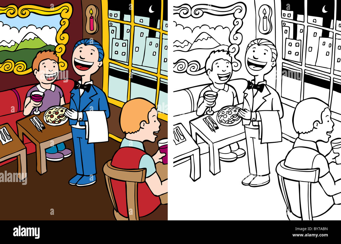 Cartoon image of a waiter in a restaurant - color and black/white ...