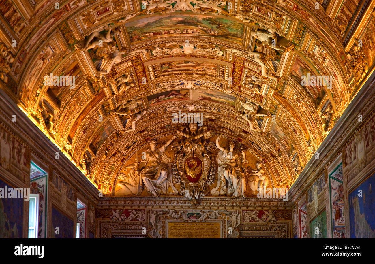Vatican Museum Inside Ornate Ceiling Map Room Details Symbol of Papacy Peter's Keys of Heaven ...