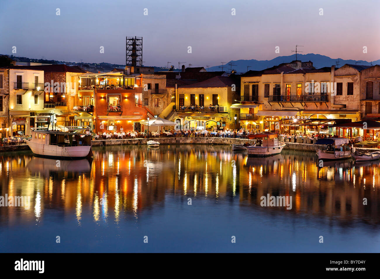 The old Venetian harbor of Rethymno town around the "blue" hour Stock ...