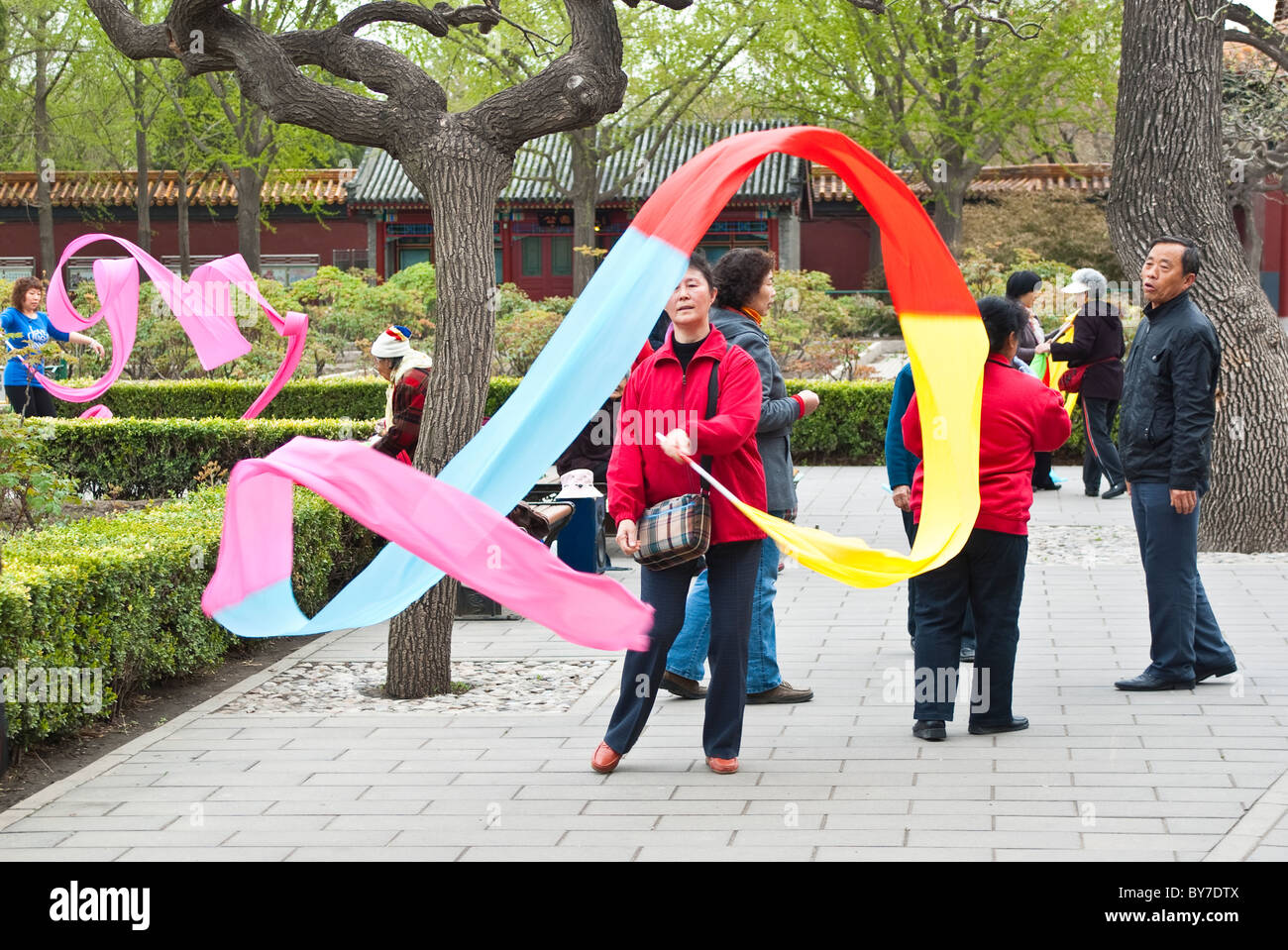 Asia, China, Beijing. Ribbon dancing is popular in Jingshan Park Stock ...