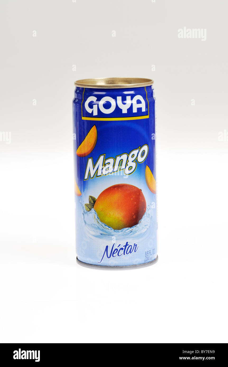 Can of Mango Nectar fruit juice by Goya, on white background, isolated ...