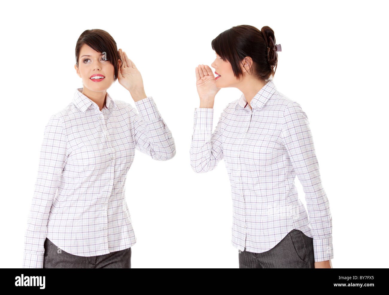 Businesswoman whispering gossip ,isolated on white Stock Photo - Alamy