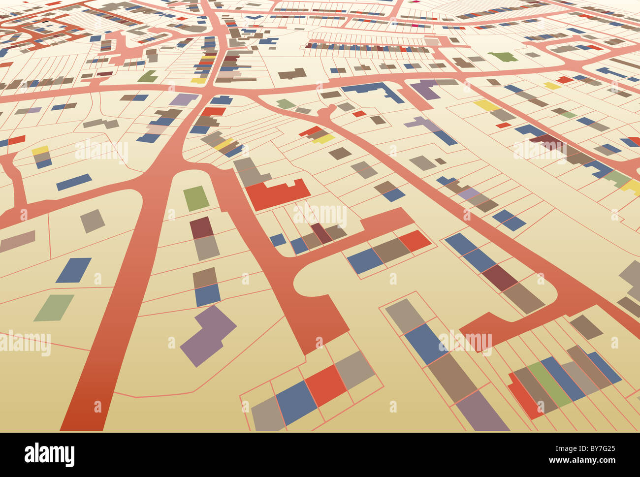 Angled view of a colorful illustrated housing map in a generic town ...