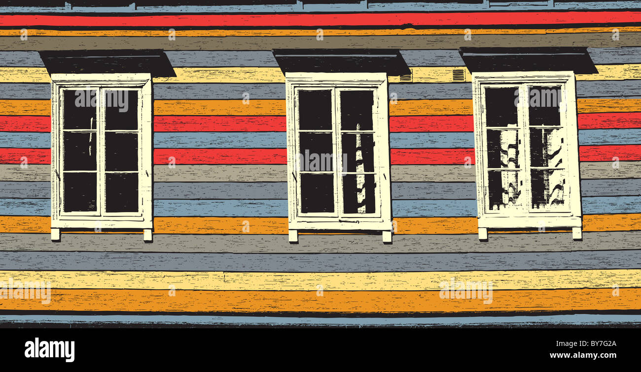 Colorful illustration of three wooden windows Stock Photo - Alamy