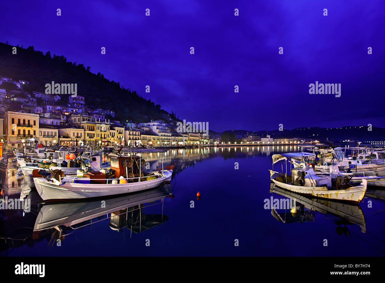 Night view of the small harbor of the picturesque Gytheio town, seaport ...