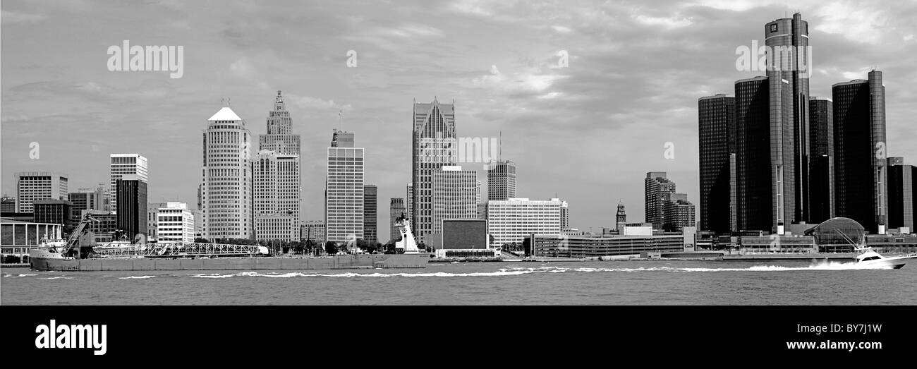 B/W Panoramic image of Detroit city Michigan Stock Photo - Alamy