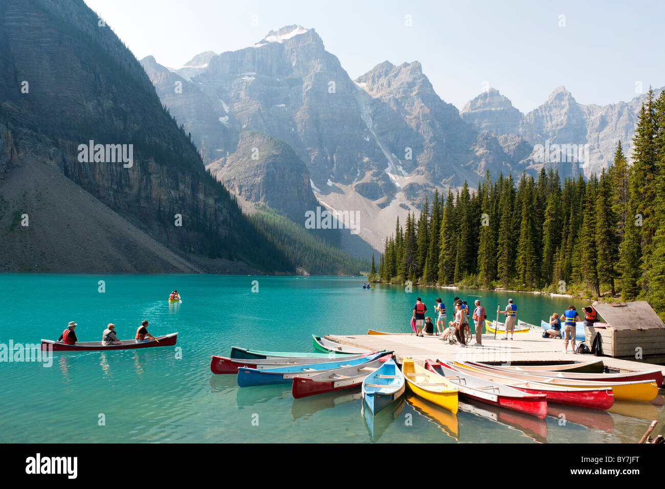 Canoes on Moraine Lake, Near Lake Louise, in Banff National Park in the Rocky Mountains, Alberta ...