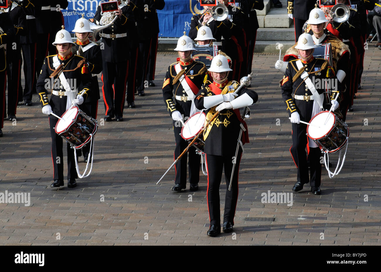 Royal Marines band marching through Portsmouth a naval city in southern ...