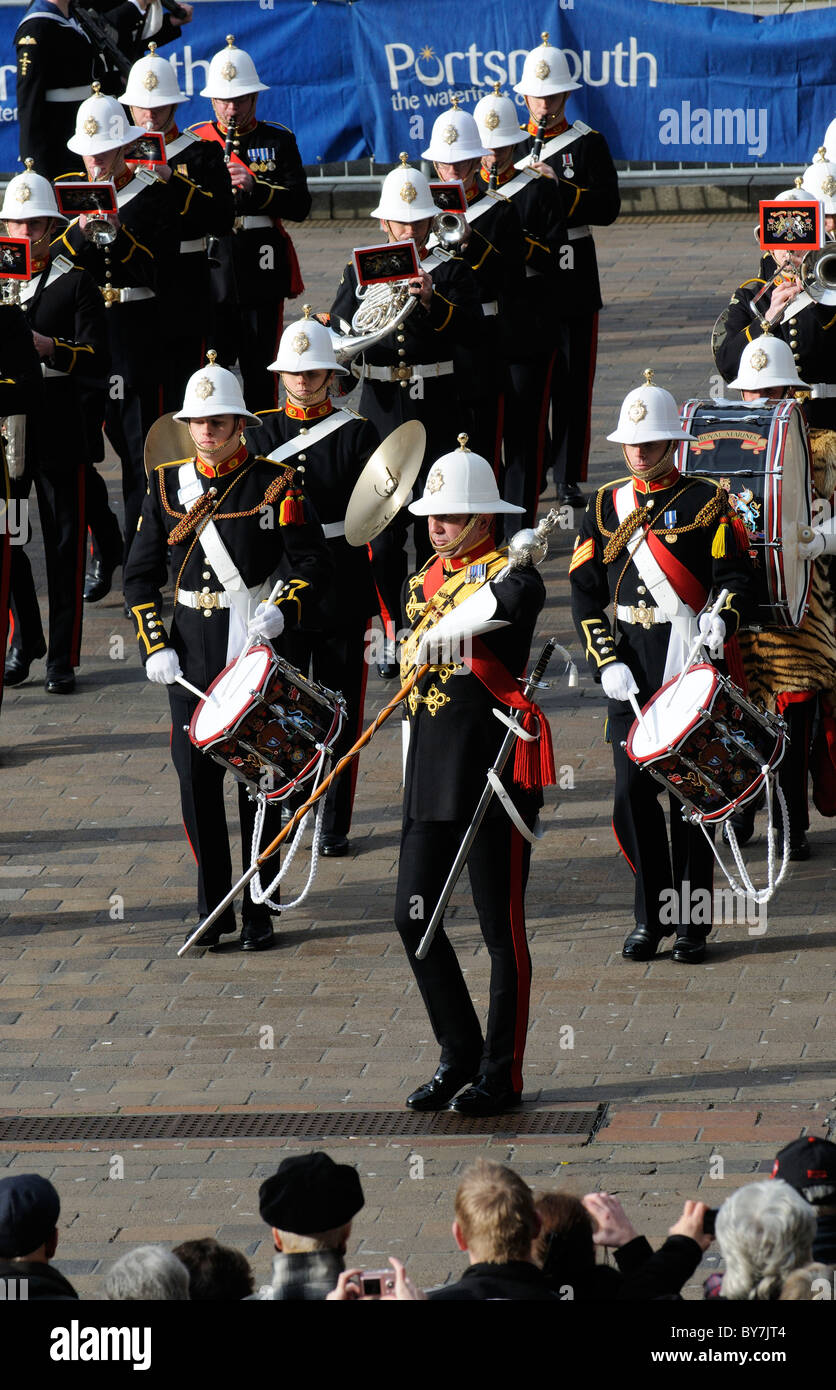 Royal Marines band marching through Portsmouth a naval city in southern ...