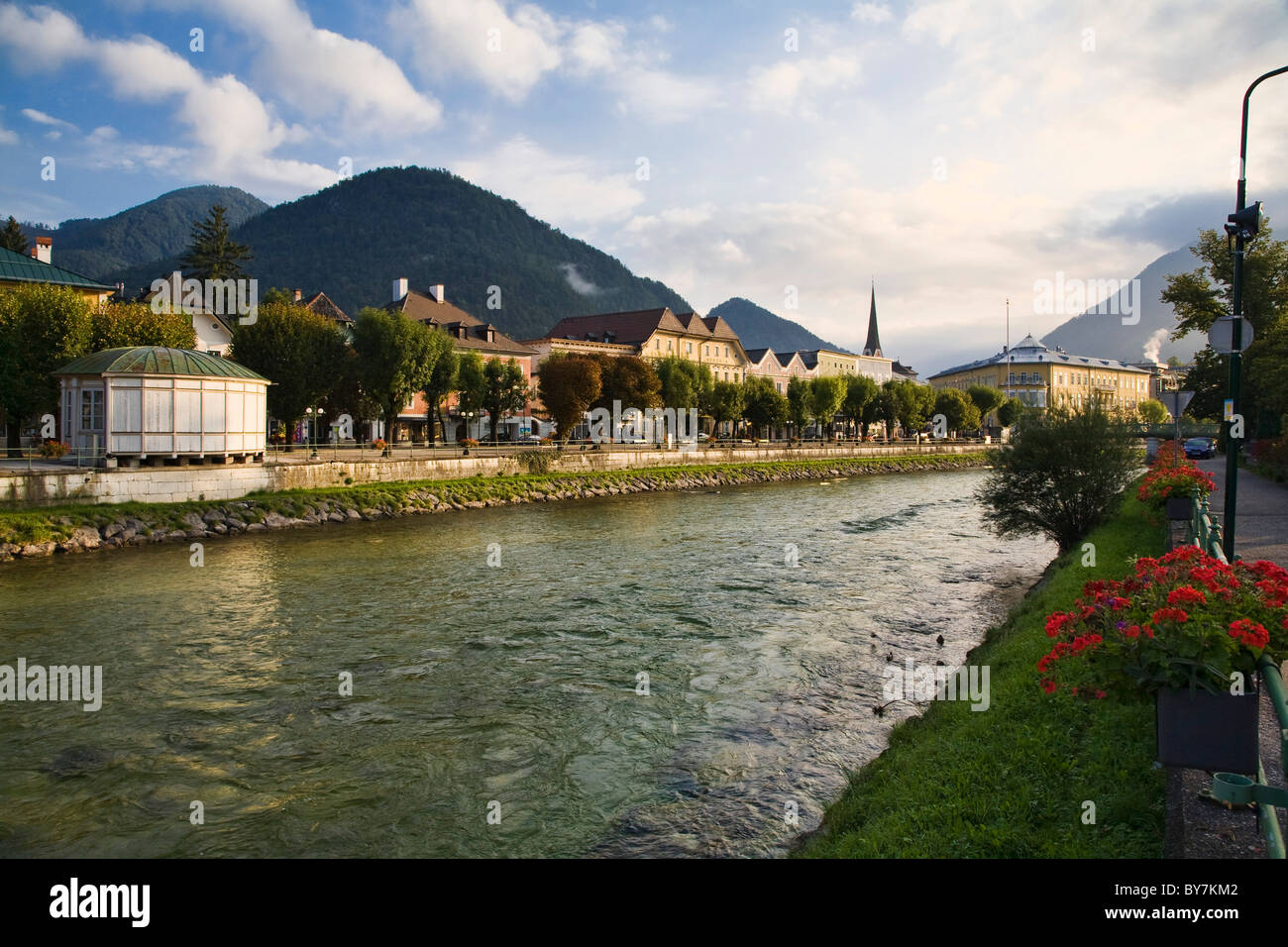 The Traun River flows through Bad Ischl in the Salzkammergut region of ...
