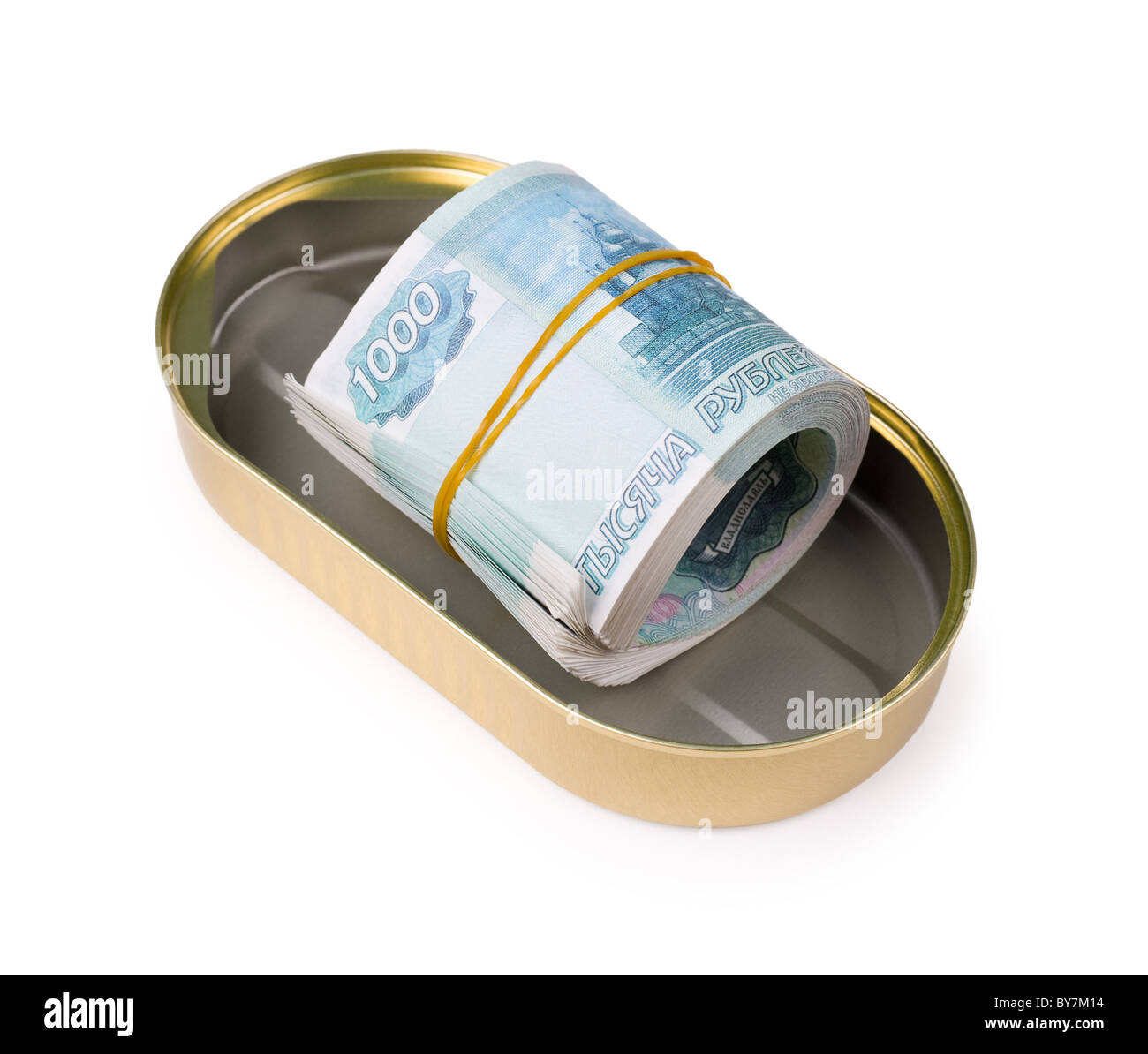 a bundle of russian 1000 rubles bills in an oval can, clipping path ...