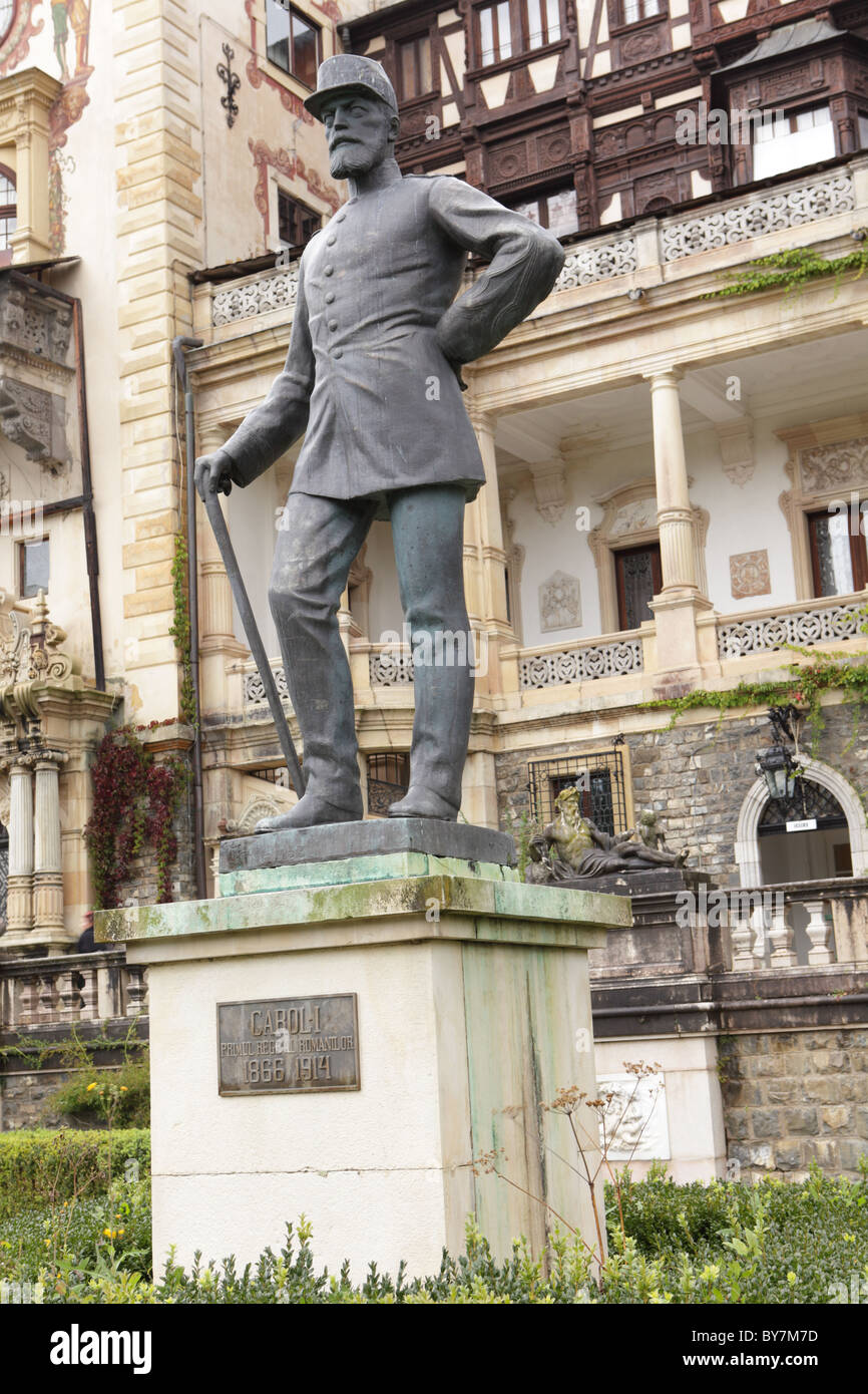 Statue of King Carol I of Romania in front of the Peles castle Stock ...