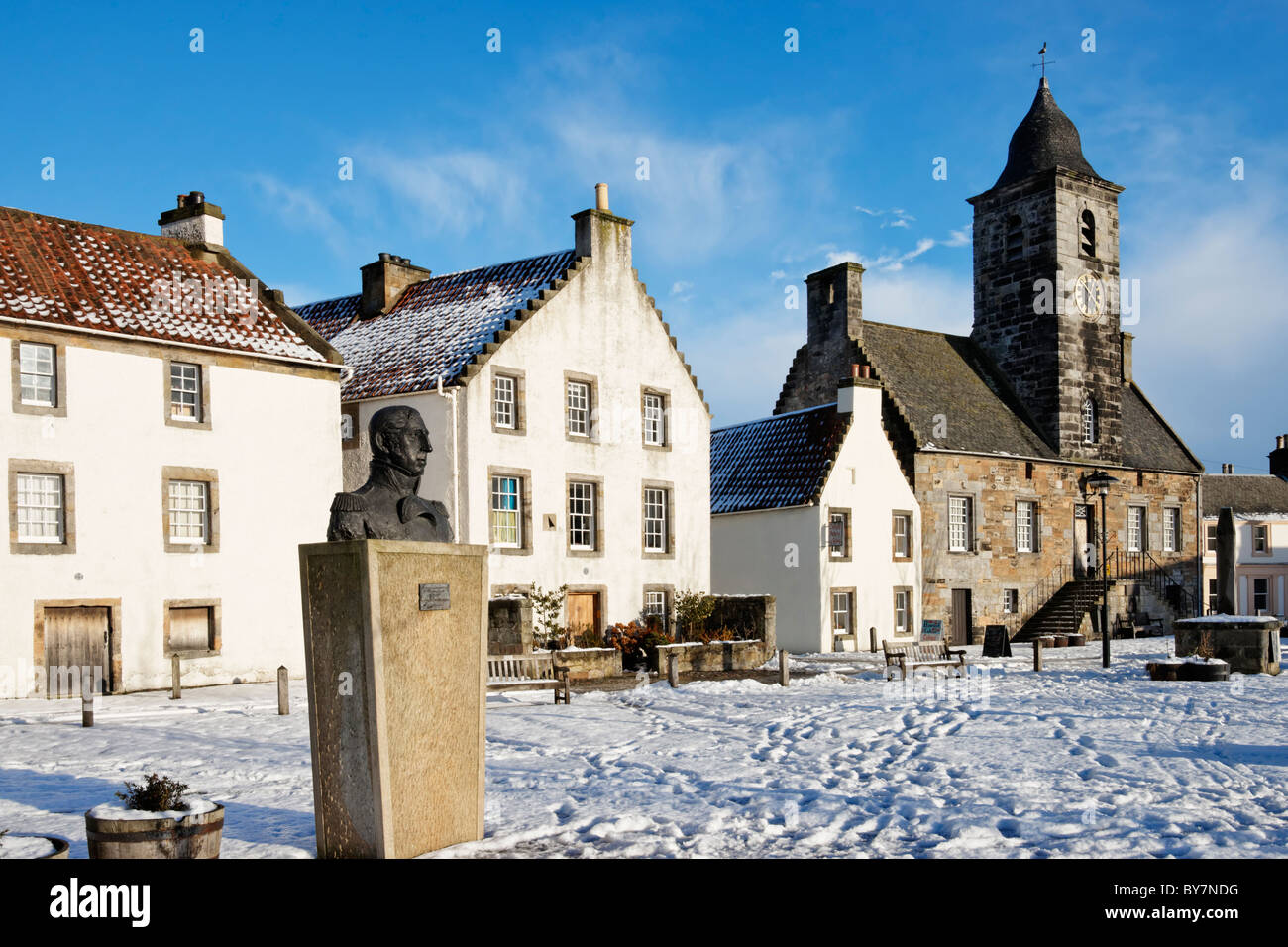The Sandhaven and town Hall in Culross, Fife, Scotland, UK. Including ...