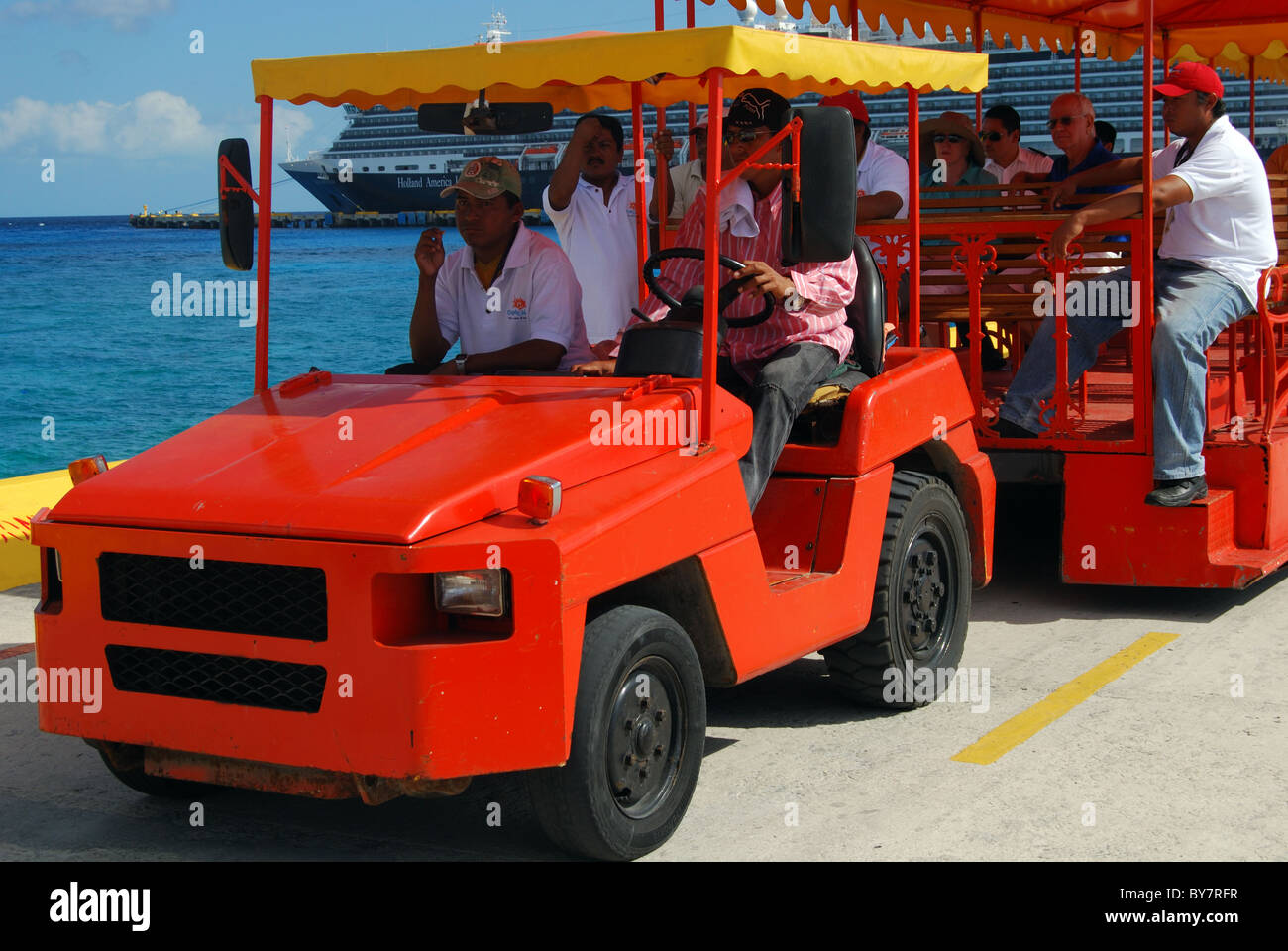 Tractor driven tourist bus, Costa Maya, South Eastern Region, Mexico ...