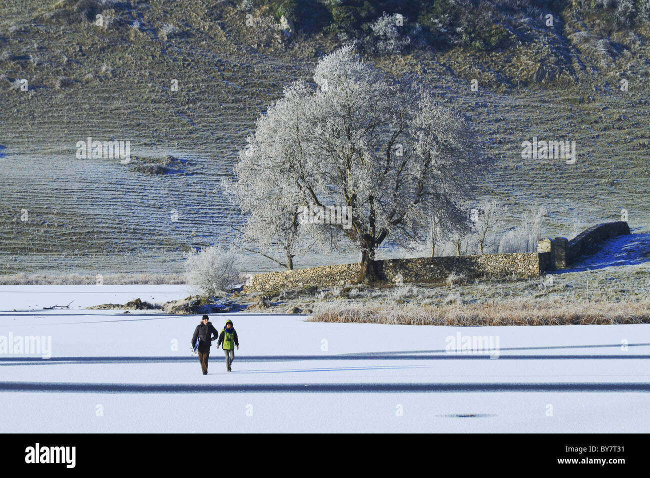 Winter walking on the frozen lake of lough Gur, Co Limerick, Republic ...