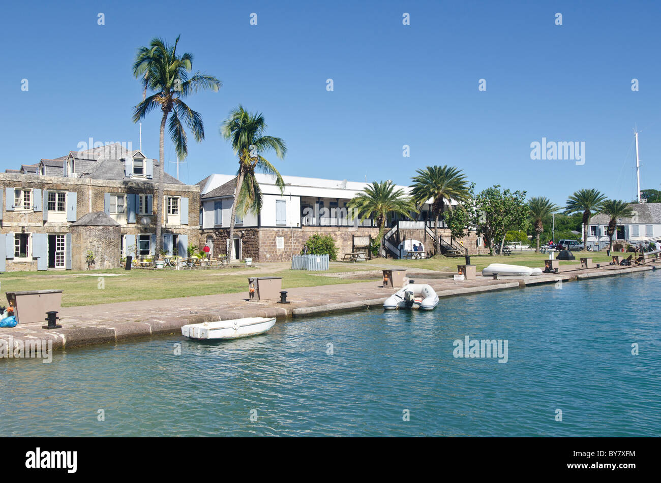 Nelsons Dockyard seen from the water showing historic buildings Stock ...