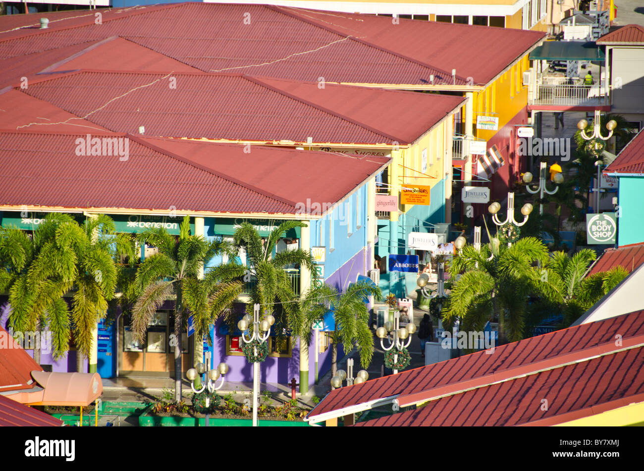Looking down on red roofs and shops of Heritage Quay, St Johns, Antigua ...