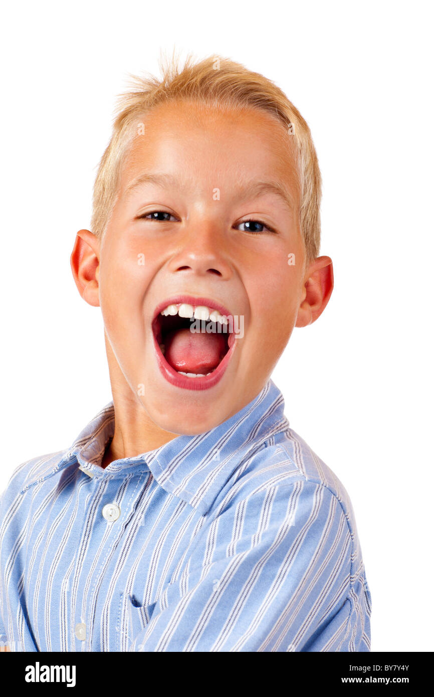 Handsome boy shouts loud. Isolated on white background Stock Photo - Alamy