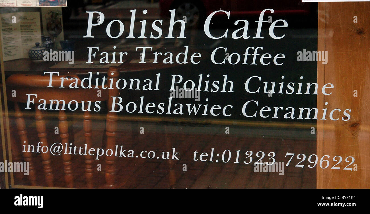 Polish Cafe sign on the window of a cafe in Eastbourne Stock Photo - Alamy