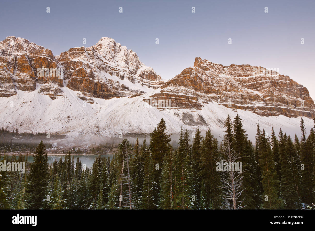 Mount Crowfoot and the Crowfoot Glacier near Bow Lake in the snow ...