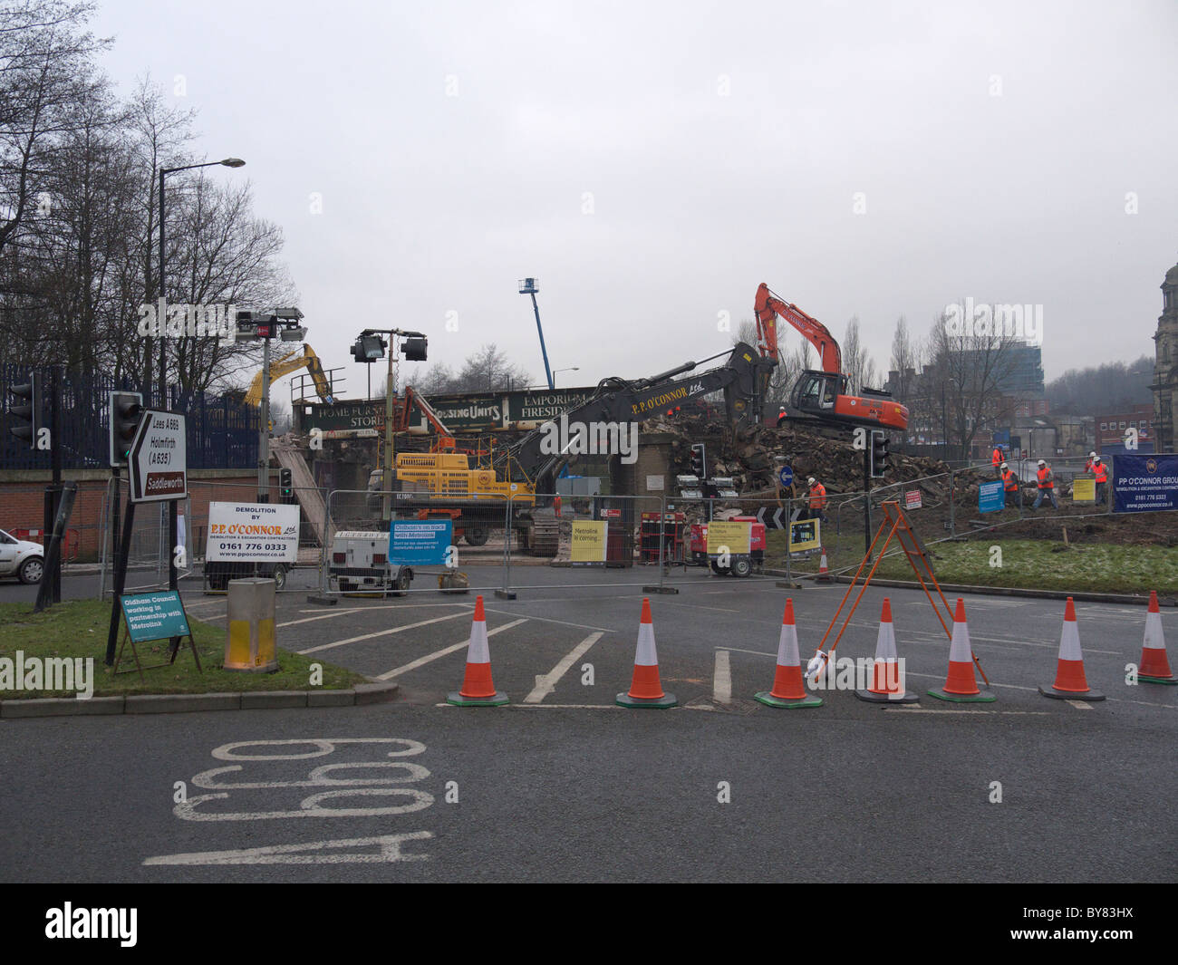 Demolishing a bridge at Mumps Roundabout, Oldham, Lancashire, England ...