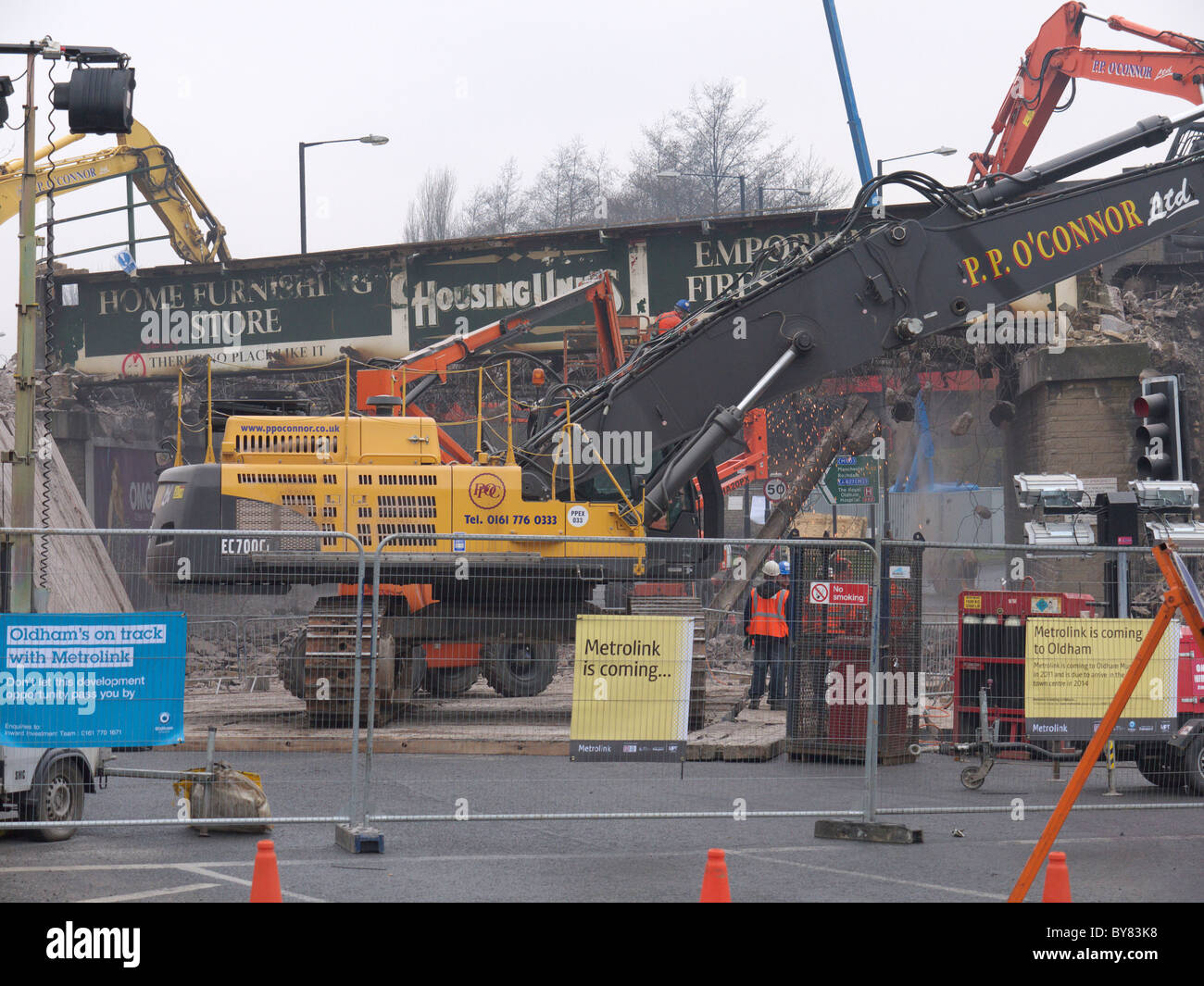 Demolishing a bridge at Mumps Roundabout, Oldham, Lancashire, England ...